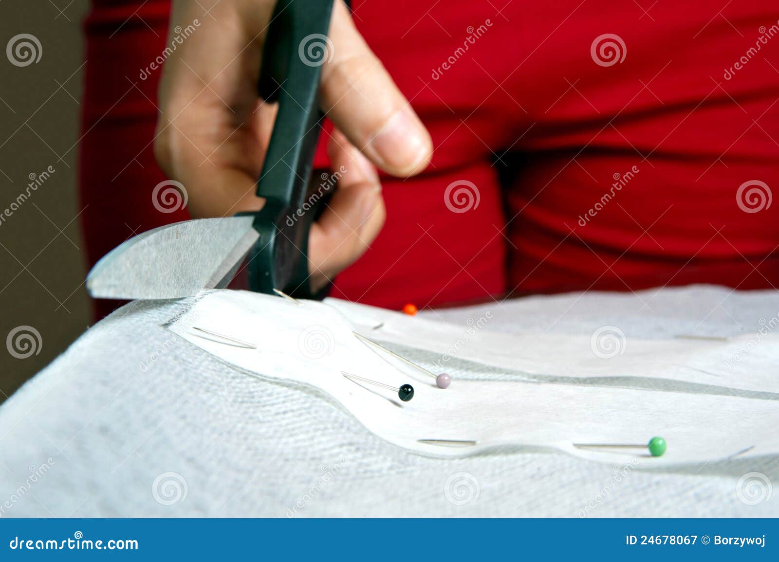 Cutting Fabric Closeup. Dressmaker At Work. Fabric Cutting Scissors ...