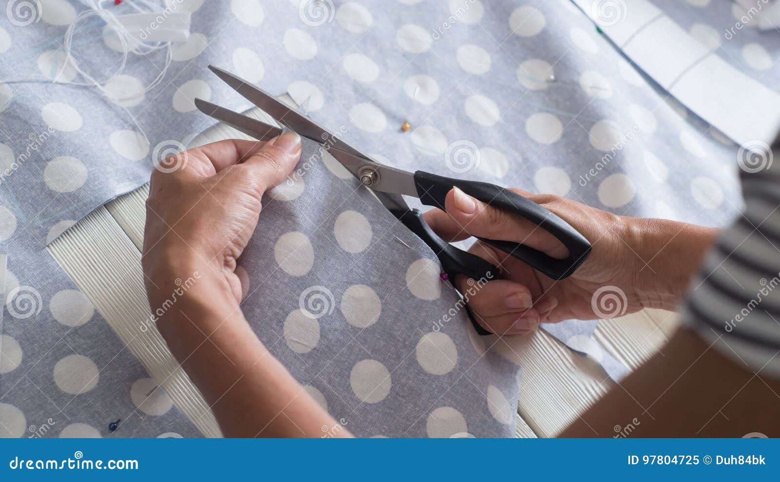 Cutting Fabric Polka Dot Sewing the Pattern Stock Image - Image of ...