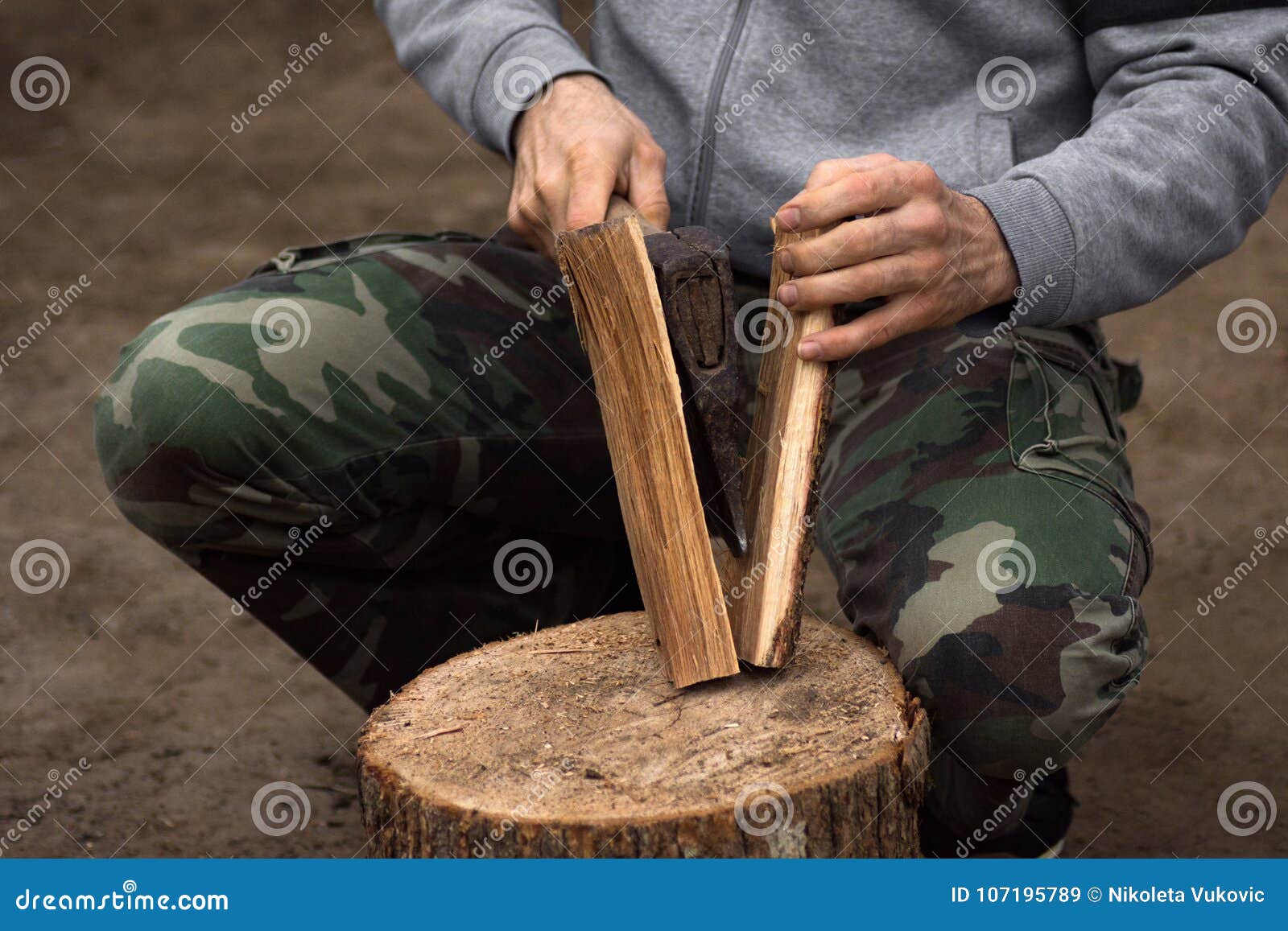 Cutting firewood with axe stock image. Image of bark - 107195789