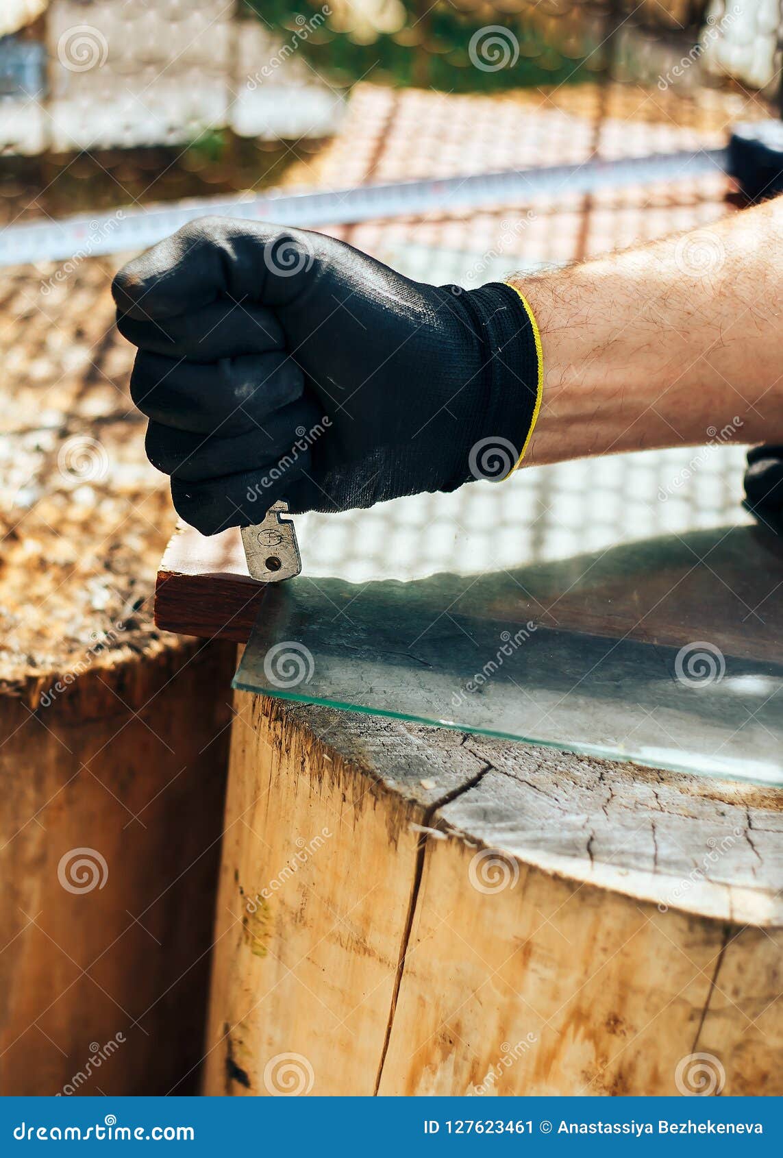 Cutting Glass by Glass Cutter. Man Hands with Gloves Holding Glass ...