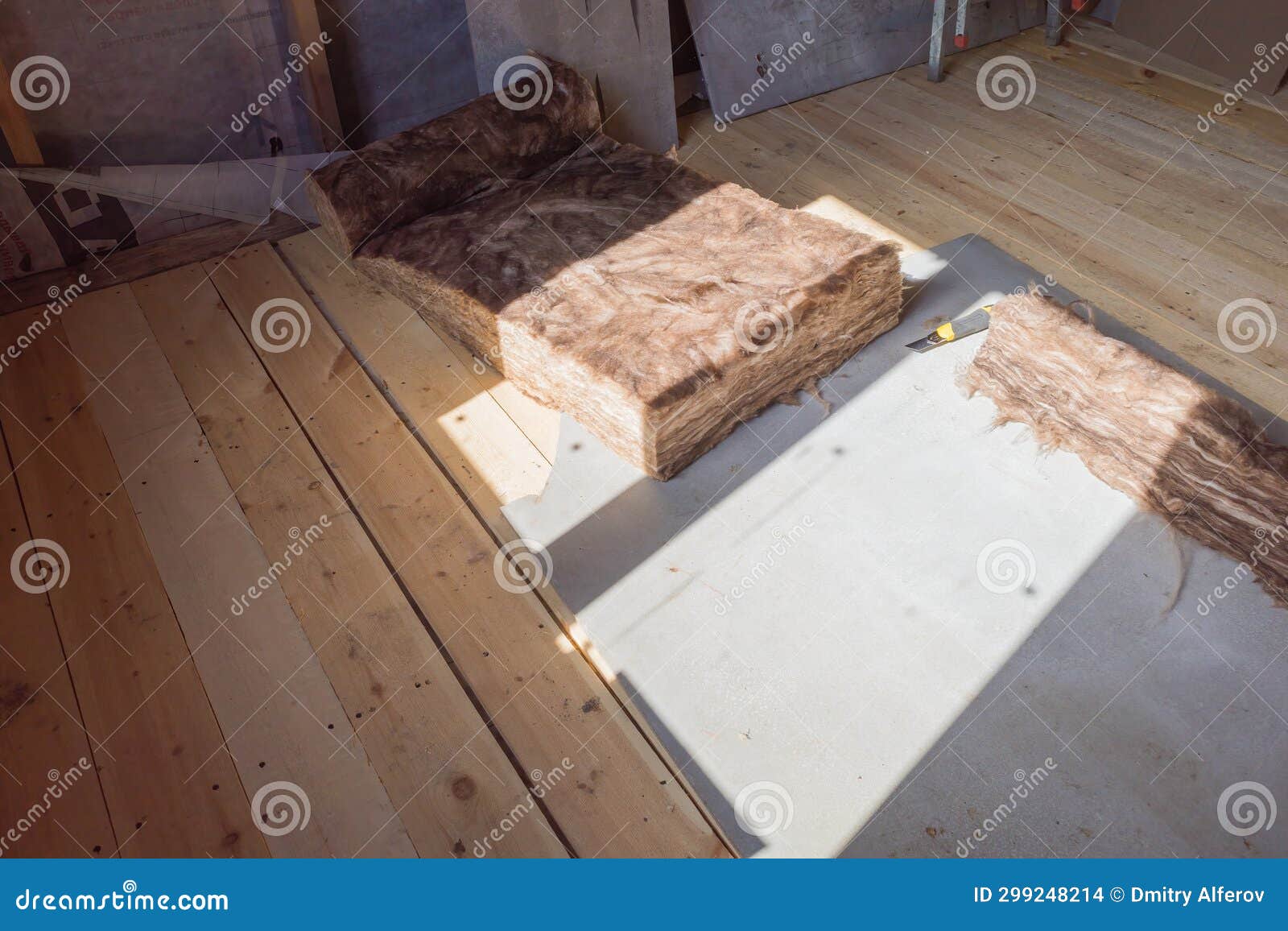 Cutting Insulation for Laying in a Frame House Under Construction ...