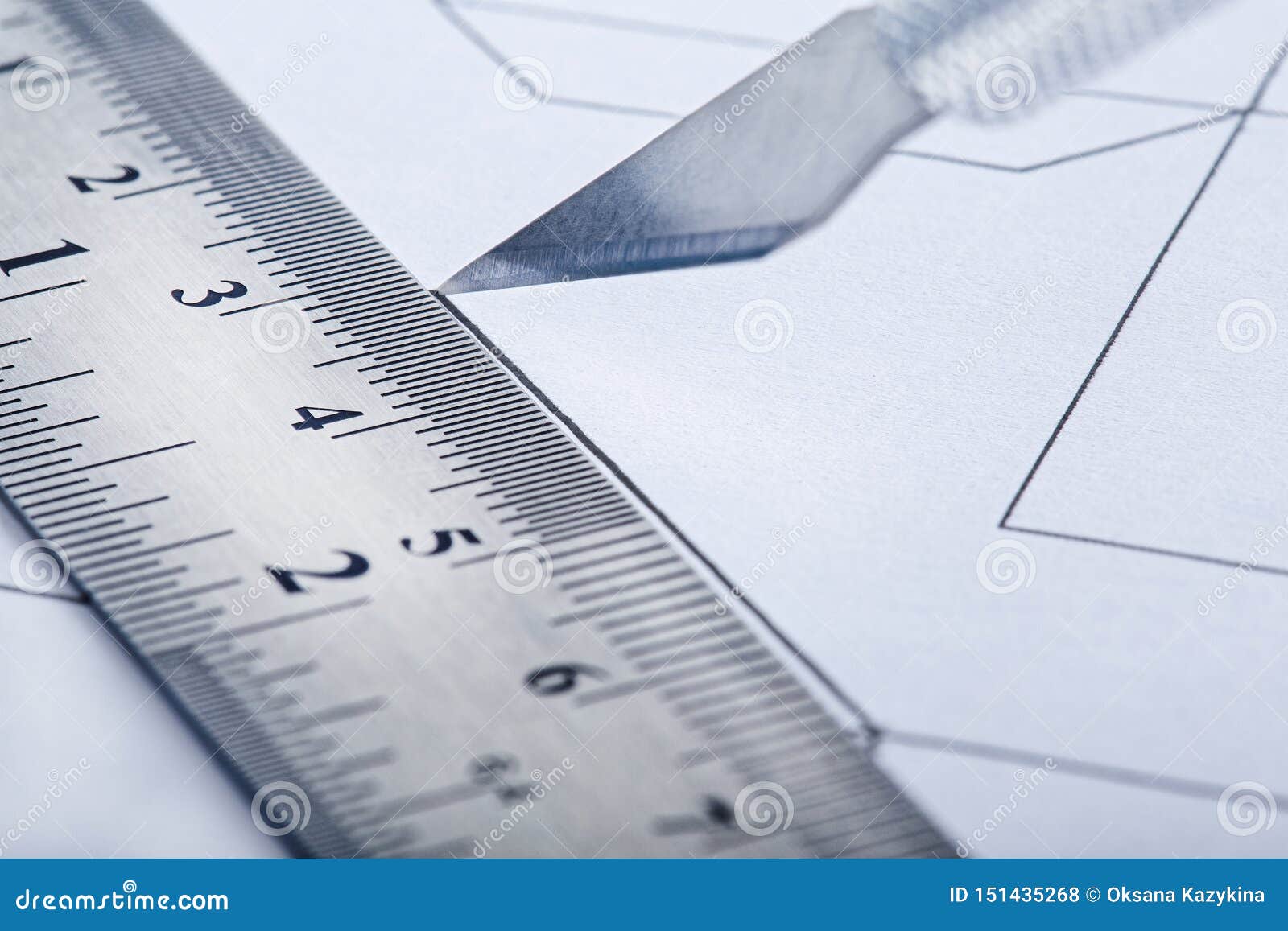 Cutting With Knife, The Layout Of Engineering Drawing On Background ...
