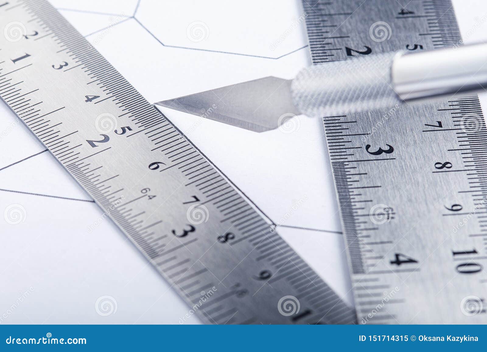 Cutting with Knife, the Layout of Engineering Drawing on Background ...