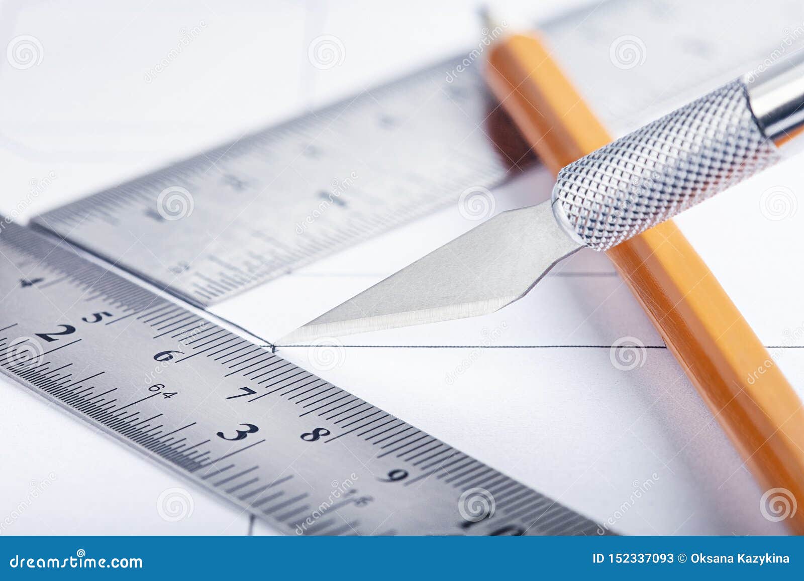 Cutting with Knife, the Layout of Engineering Drawing on Background ...