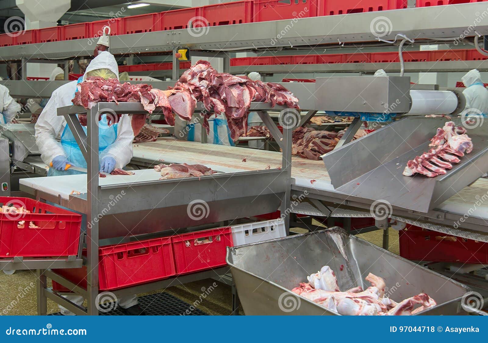 Cutting Meat Slaughterhouse Workers in a Meat Factory. Editorial Stock ...