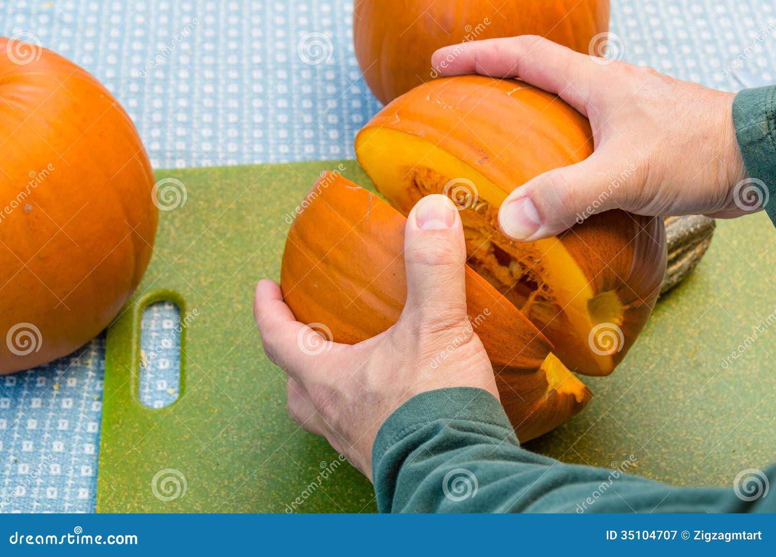Cutting Open a Pumpkin in the Kitchen Stock Image - Image of vegetables ...