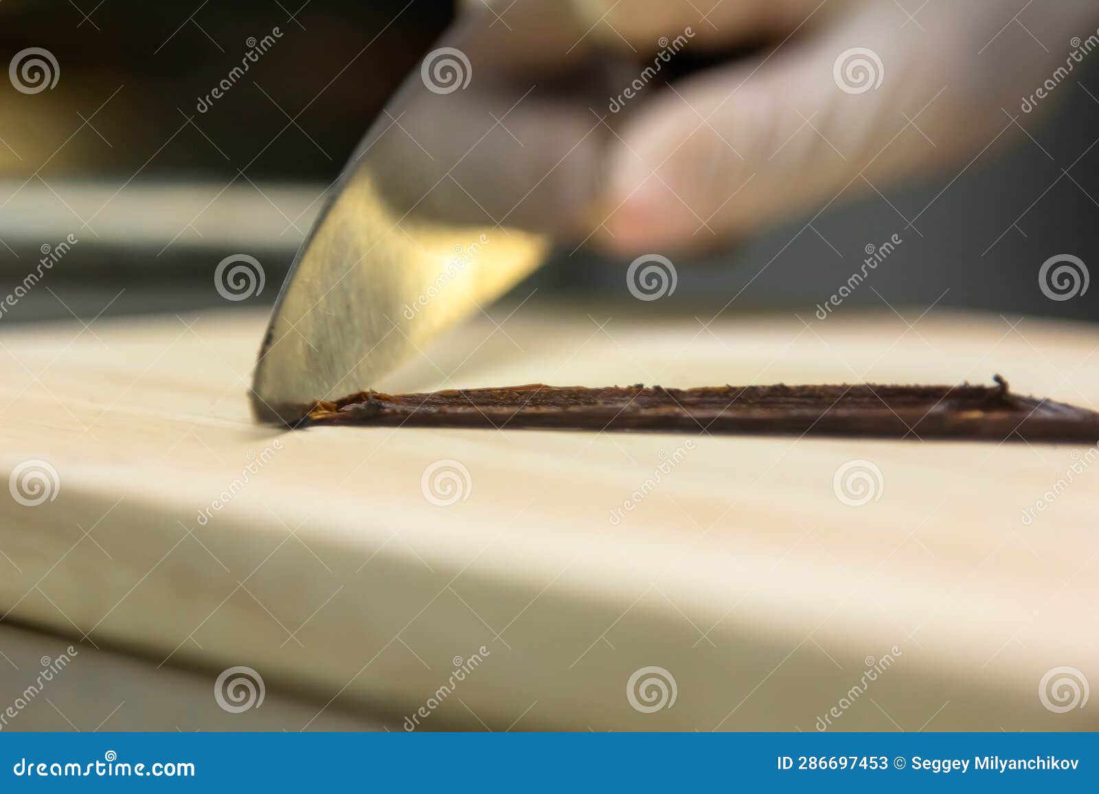 Cutting Open the Vanilla Pod with a Knife on Cutting Board Stock Image ...
