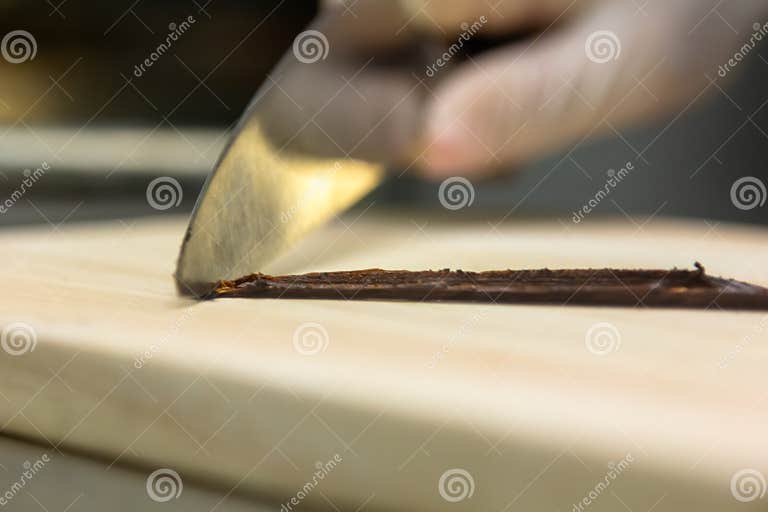 Cutting Open the Vanilla Pod with a Knife on Cutting Board Stock Image ...