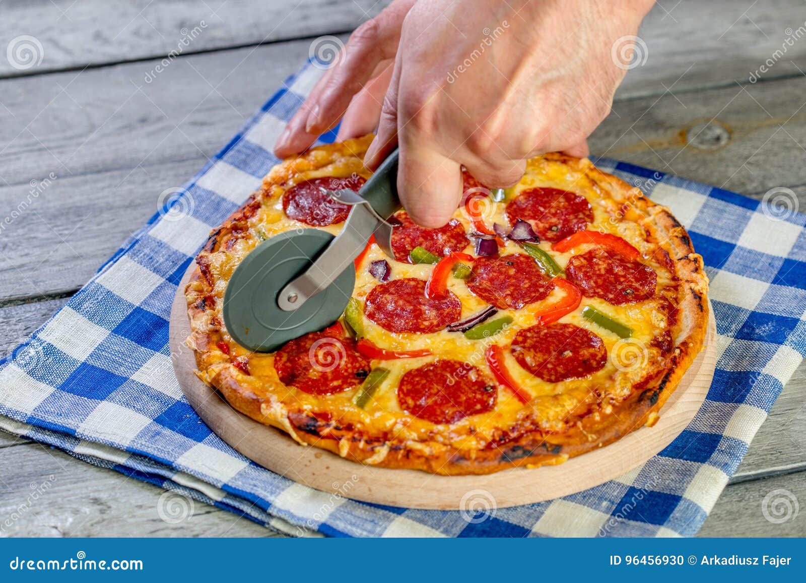 Cutting Pepperoni Pizza on Sliced. Stock Photo - Image of dinner, food ...