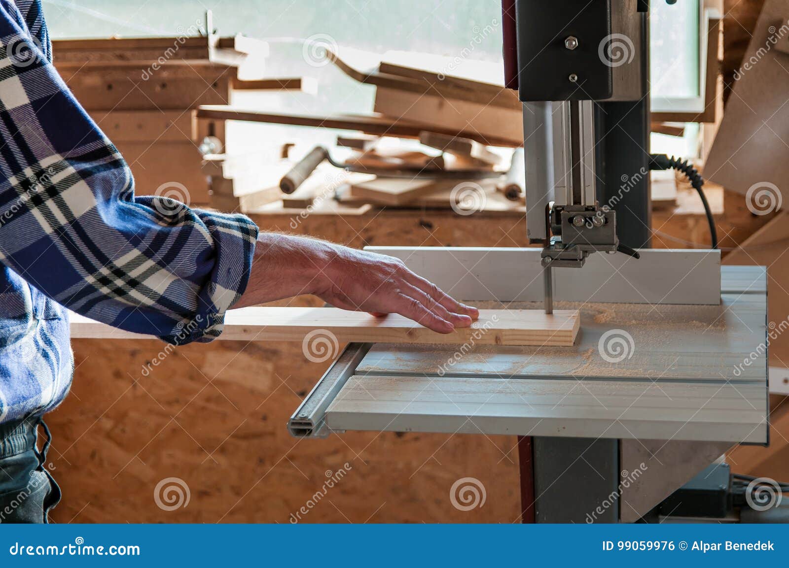 Cutting Pine Board at Band Saw. Stock Photo - Image of manual, blade ...