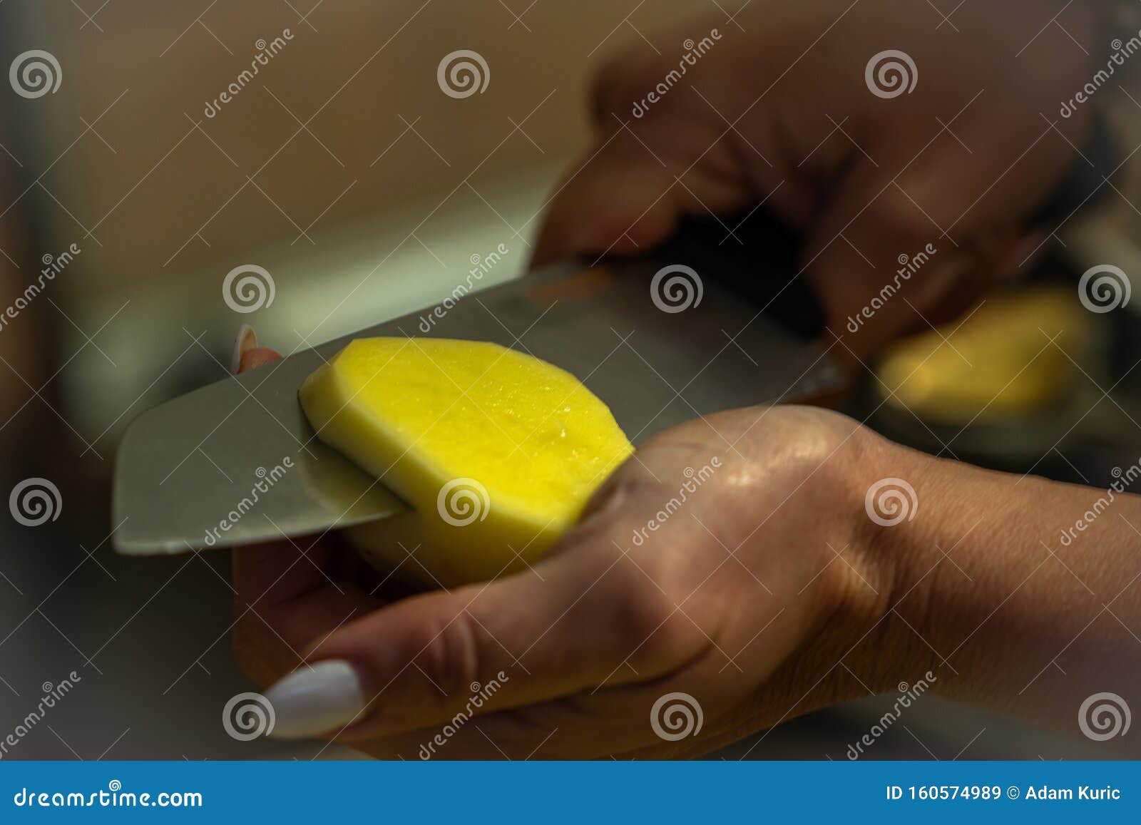 Cutting Potato in Women Hand with Knife Stock Image - Image of cutting ...