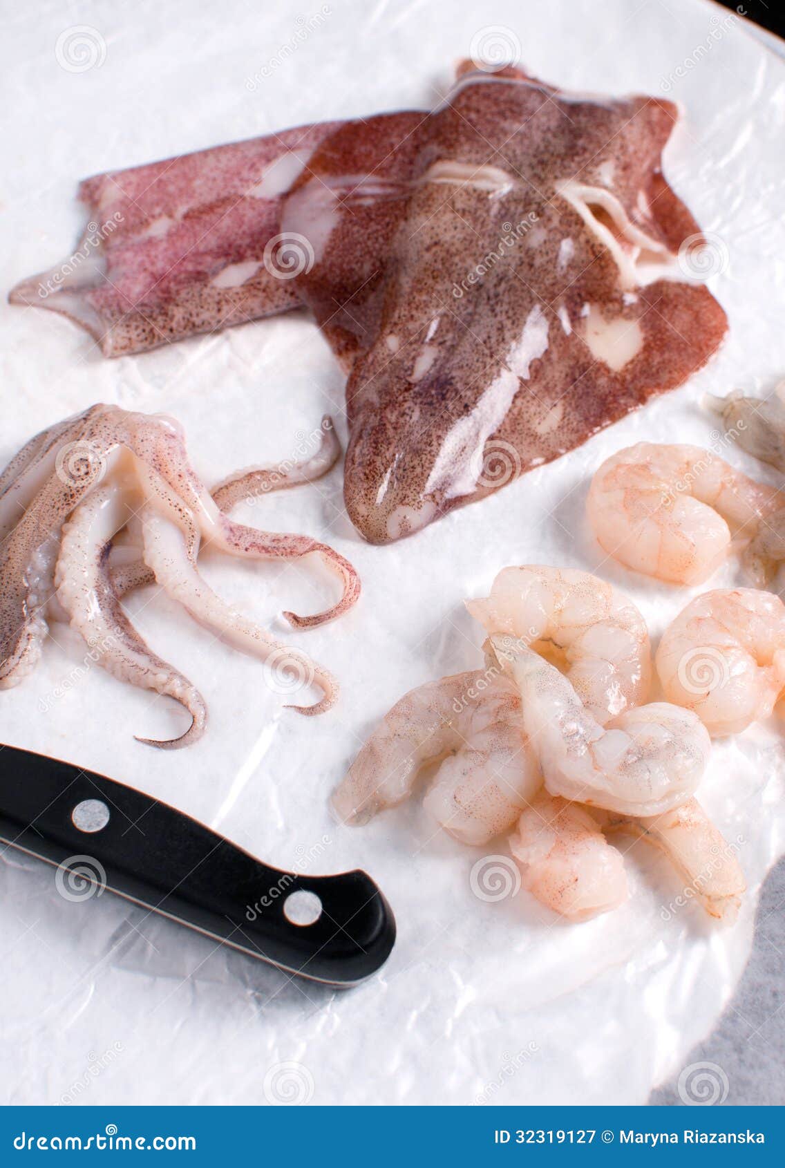 Cutting Raw Seafood Squid and Shrimps Stock Image - Image of calamari ...