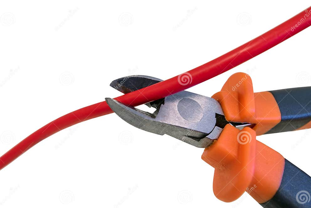 Cutting Red Wire by Nippers, Cropping the Cable Under Voltage Stock ...