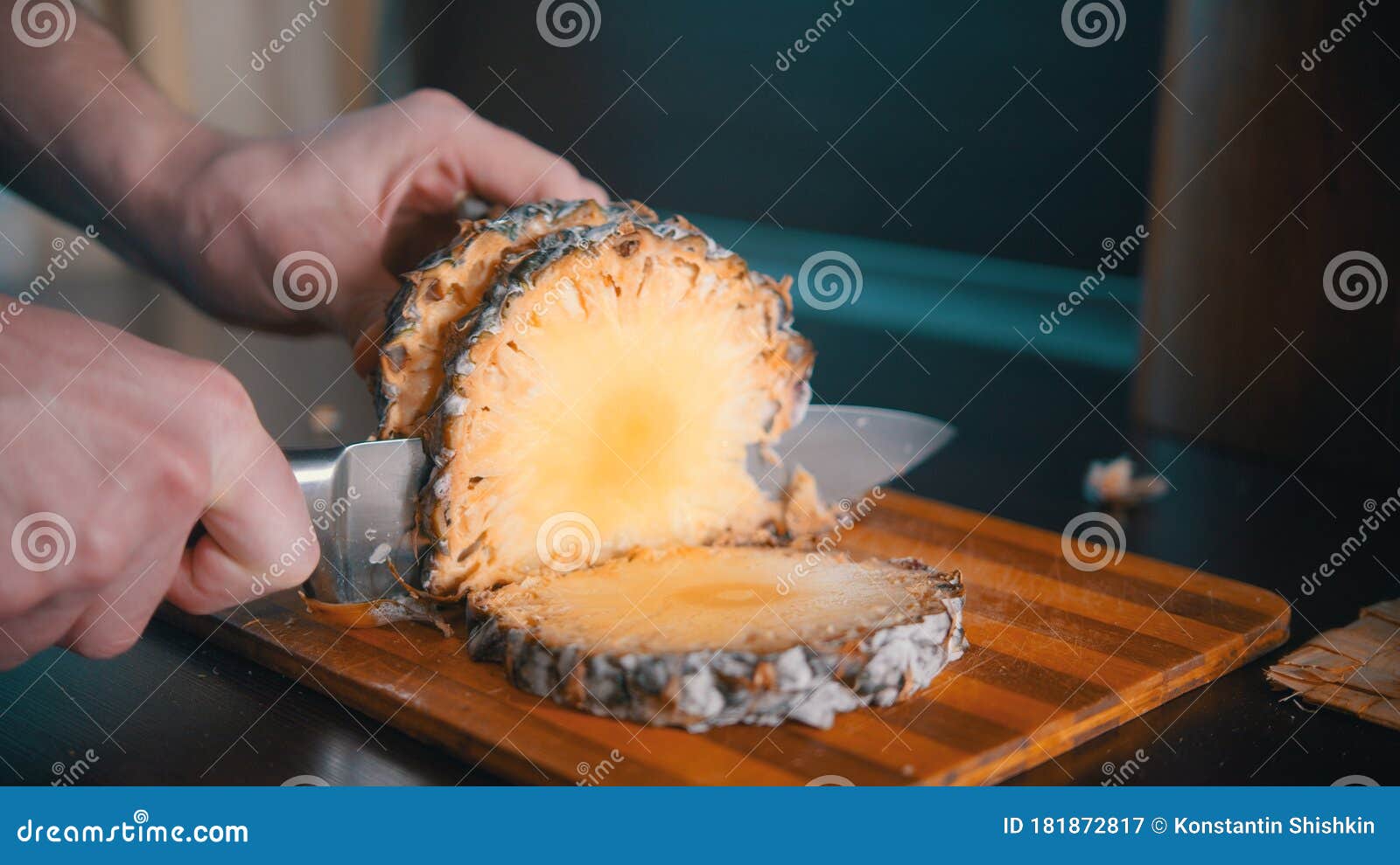 Cutting Ripe Pineapple with a Sharp Knife Stock Image - Image of ...