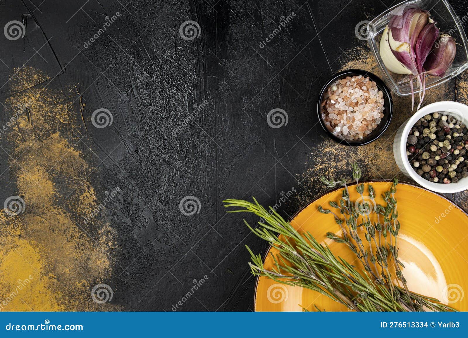Cutting Table with Condiments and Aromatic Herbs, Top View, Copy Space ...