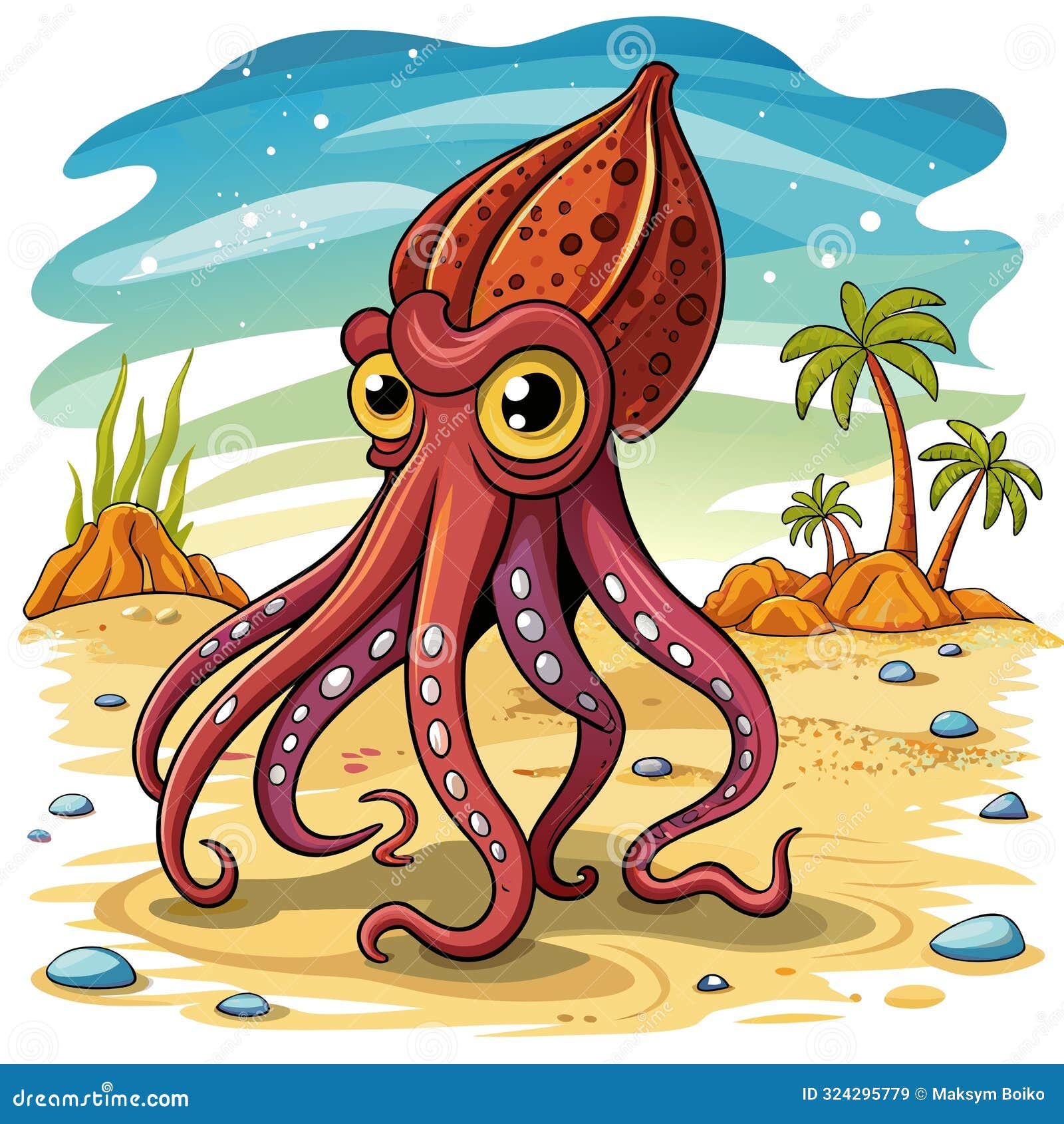 Cuttlefish Octopus Sullen Walks Beach Vector Stock Illustration ...
