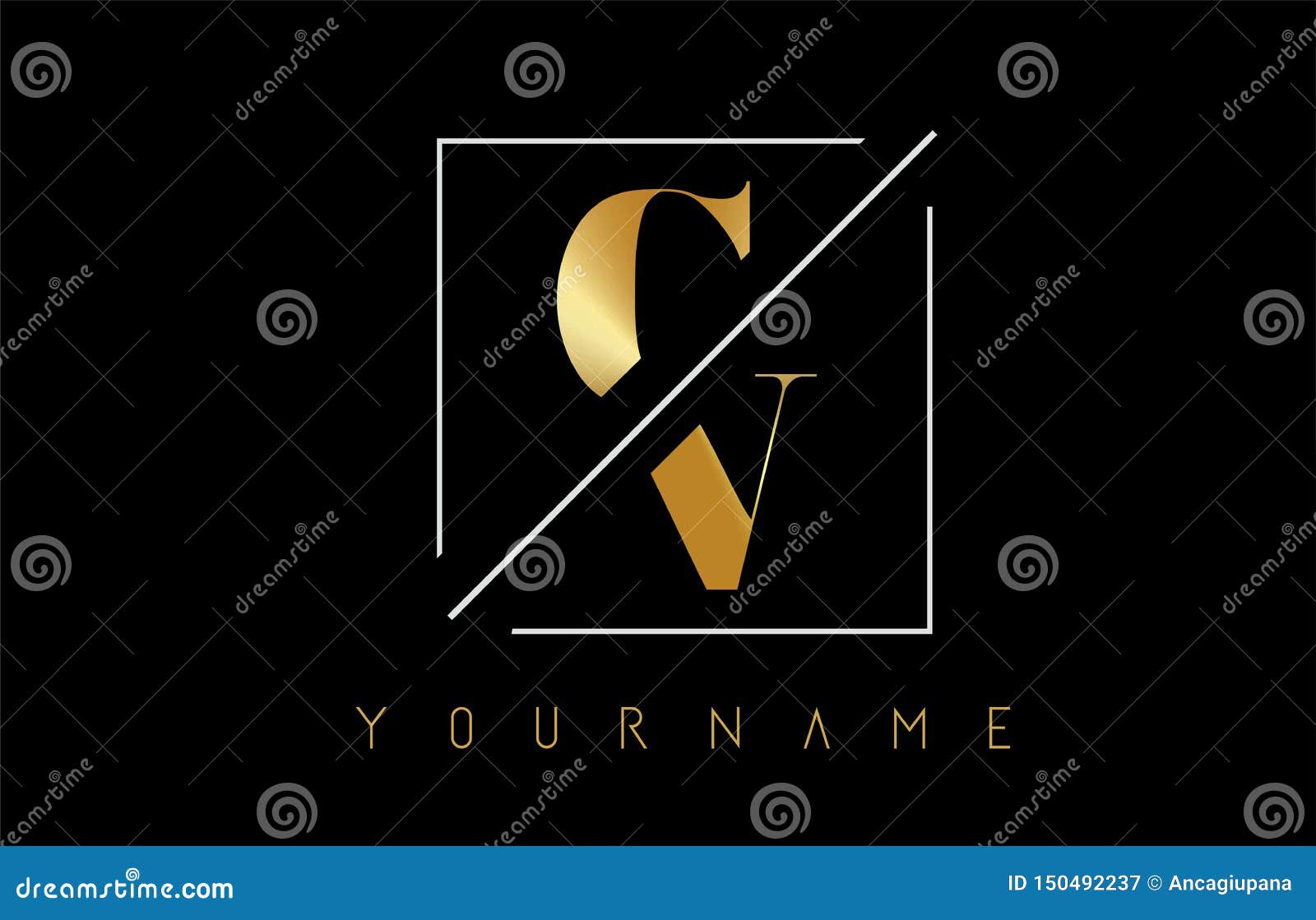 CV Golden Letter Logo with Cutted and Intersected Design Stock Vector ...