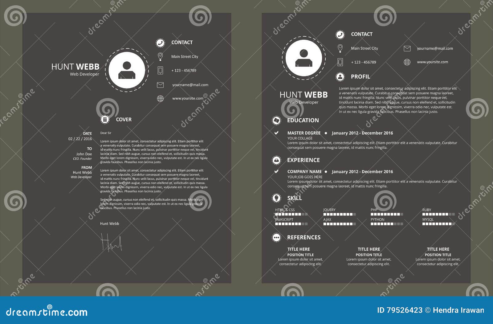 CV Resume with Cover Minimal Design Dark Template Vector Stock Vector ...