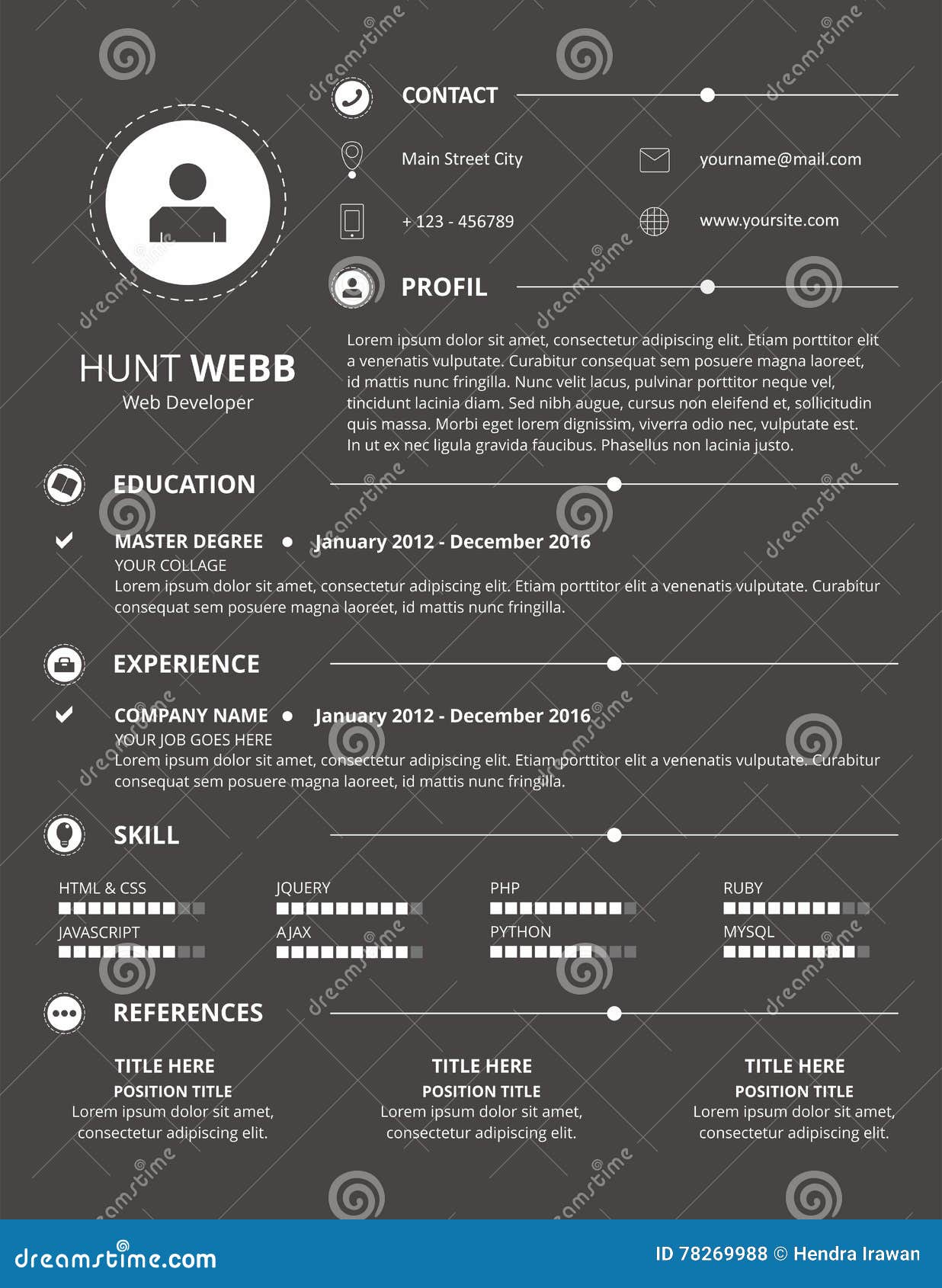 CV Resume Dark stock vector. Illustration of white, minimal - 78269988