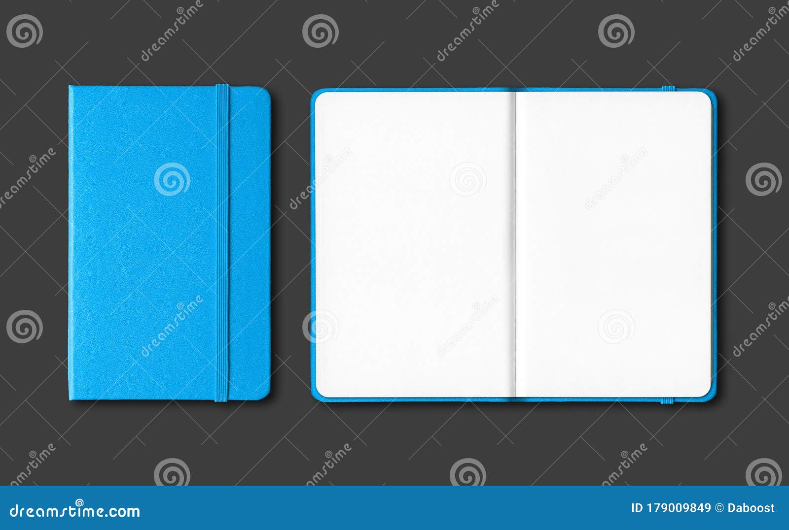 Cyan Blue Closed and Open Notebooks Isolated on Black Stock Image ...