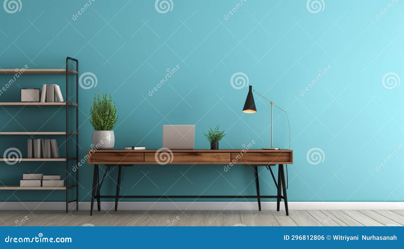 Cyan Living Room Interior with Desk and Rack. Generative Ai Stock ...