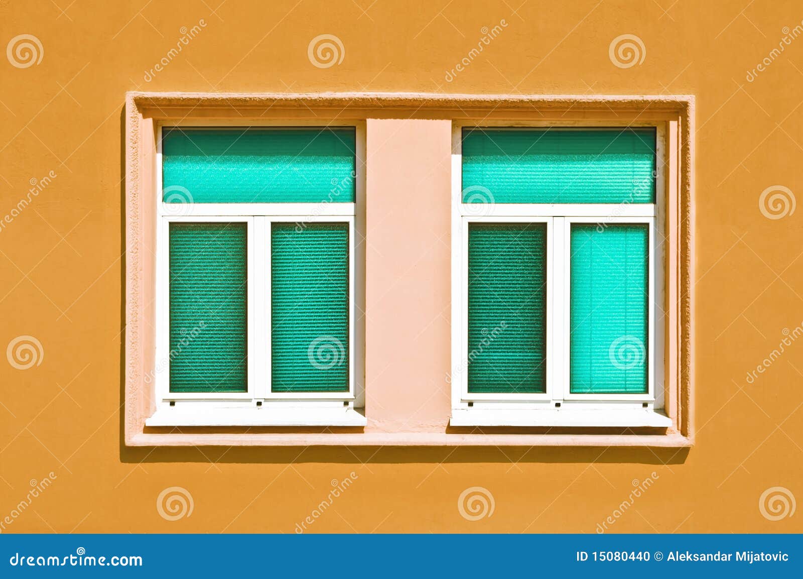 Cyan Windows on Yellow Wall Stock Photo - Image of curtain, outdoor ...