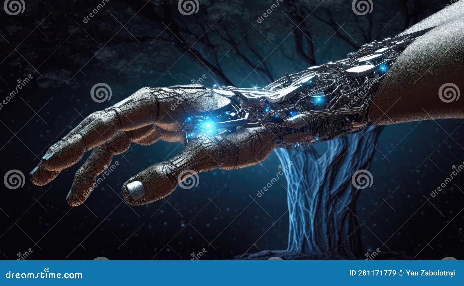 The Cyber Arm and Hand of Man Holding the Ground with the Tree ...