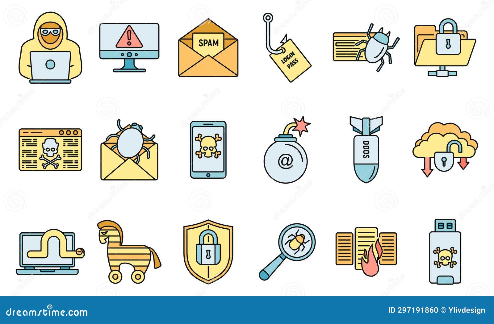Cyber Attack Bug Icons Set Vector Color Stock Vector - Illustration of ...