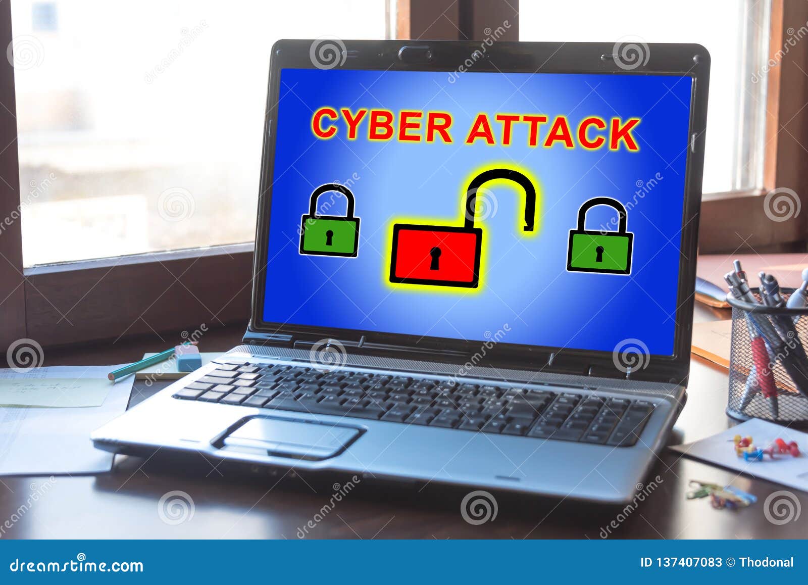 Cyber Attack Concept on a Laptop Screen Stock Image - Image of padlock ...