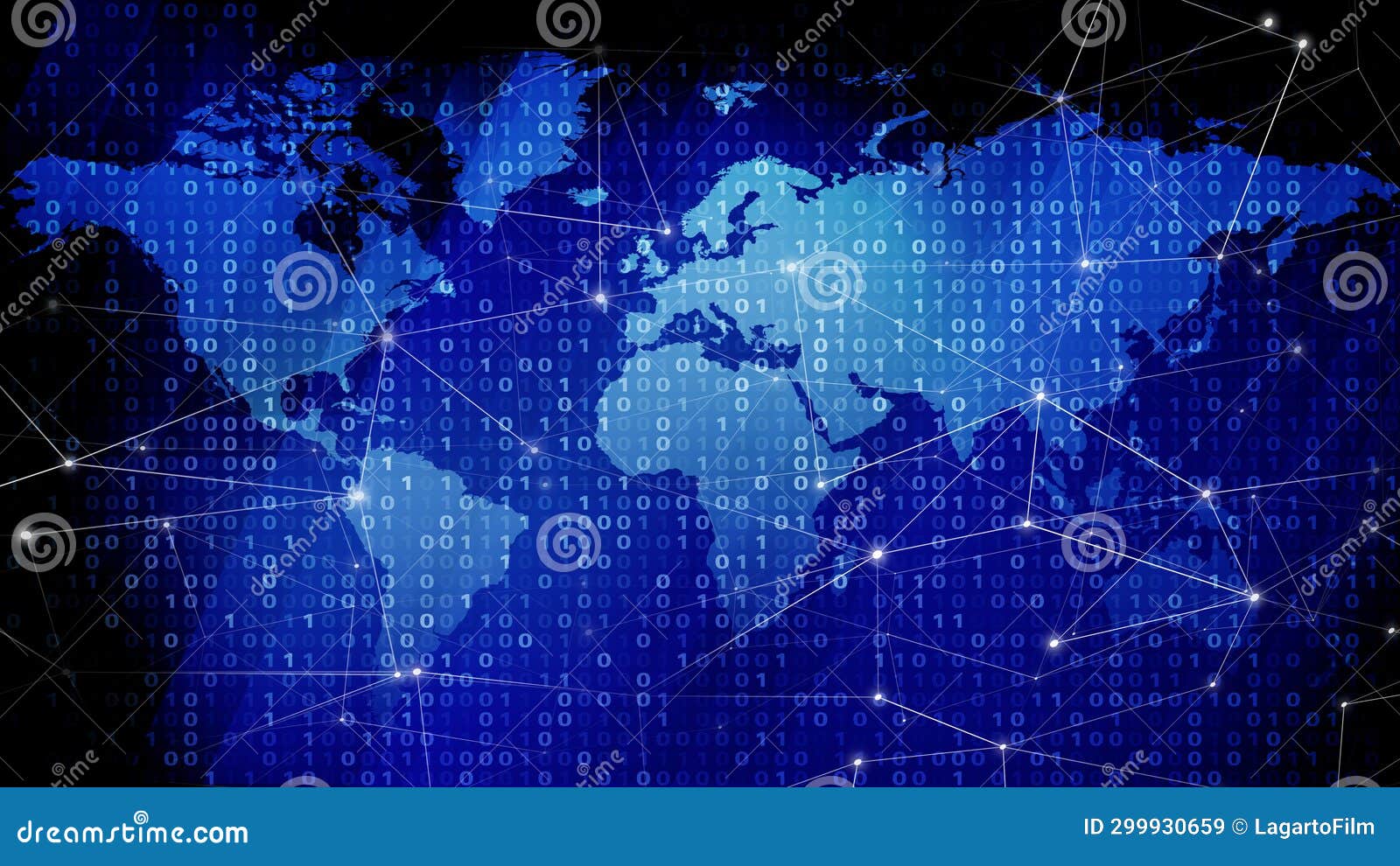 Global Communication And Map Lines Connecting Dots Of Binary Code In Digital World Of Cyber