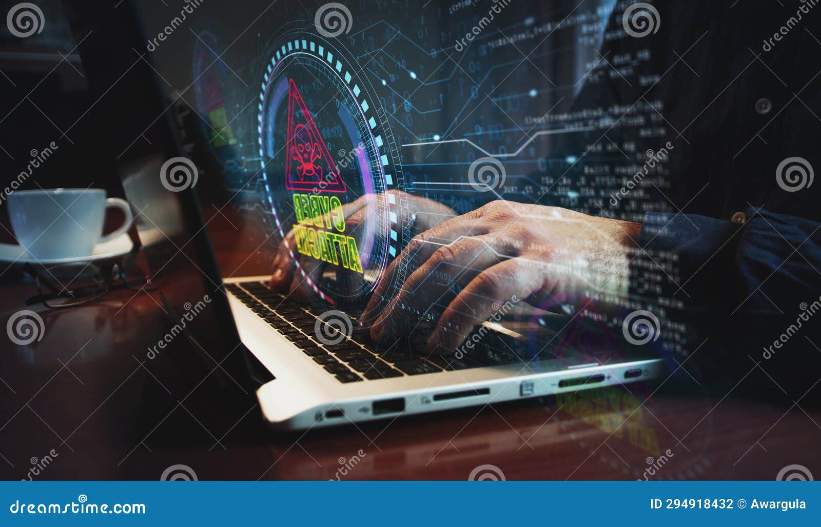 Cyber Attack Network Security Breach Symbol and Man Typing Keyboard ...