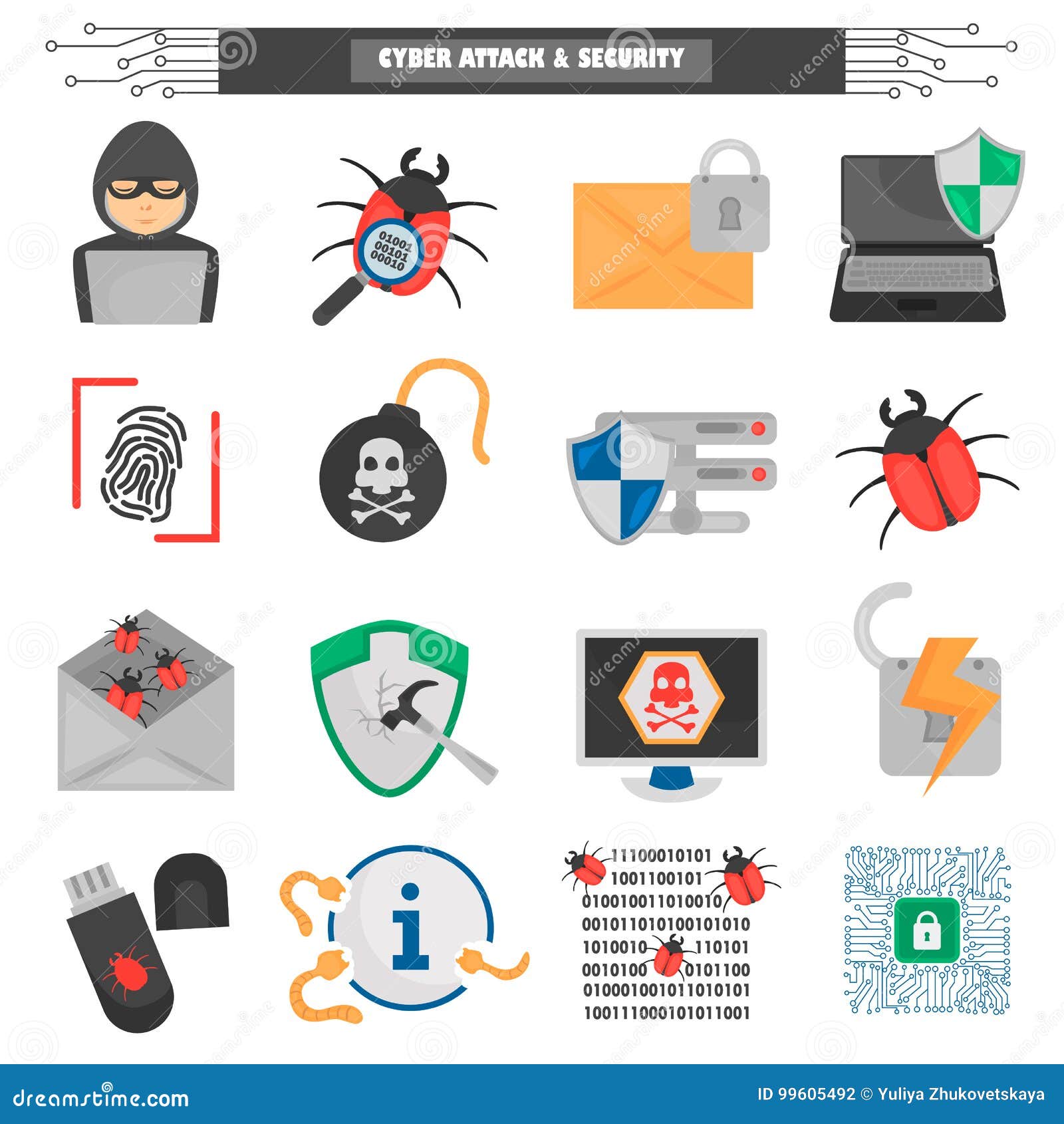 Cyber Attack and Protection Color Flat Icons Set Stock Vector ...