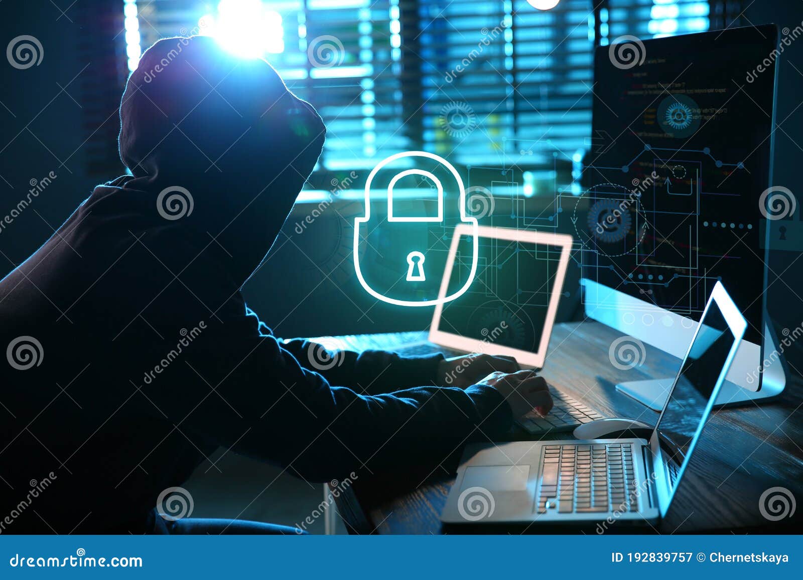 Cyber Attack Protection. Hacker with Computers. Lock Illustration Stock ...