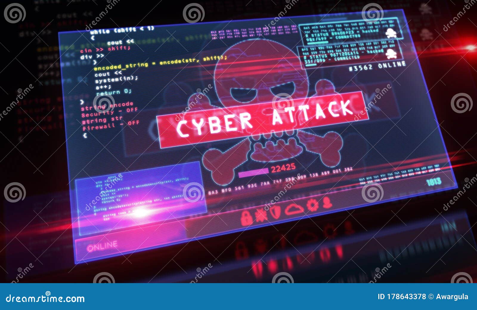 Cyber Attack with Skull Symbol Alert on Screen Stock Illustration ...