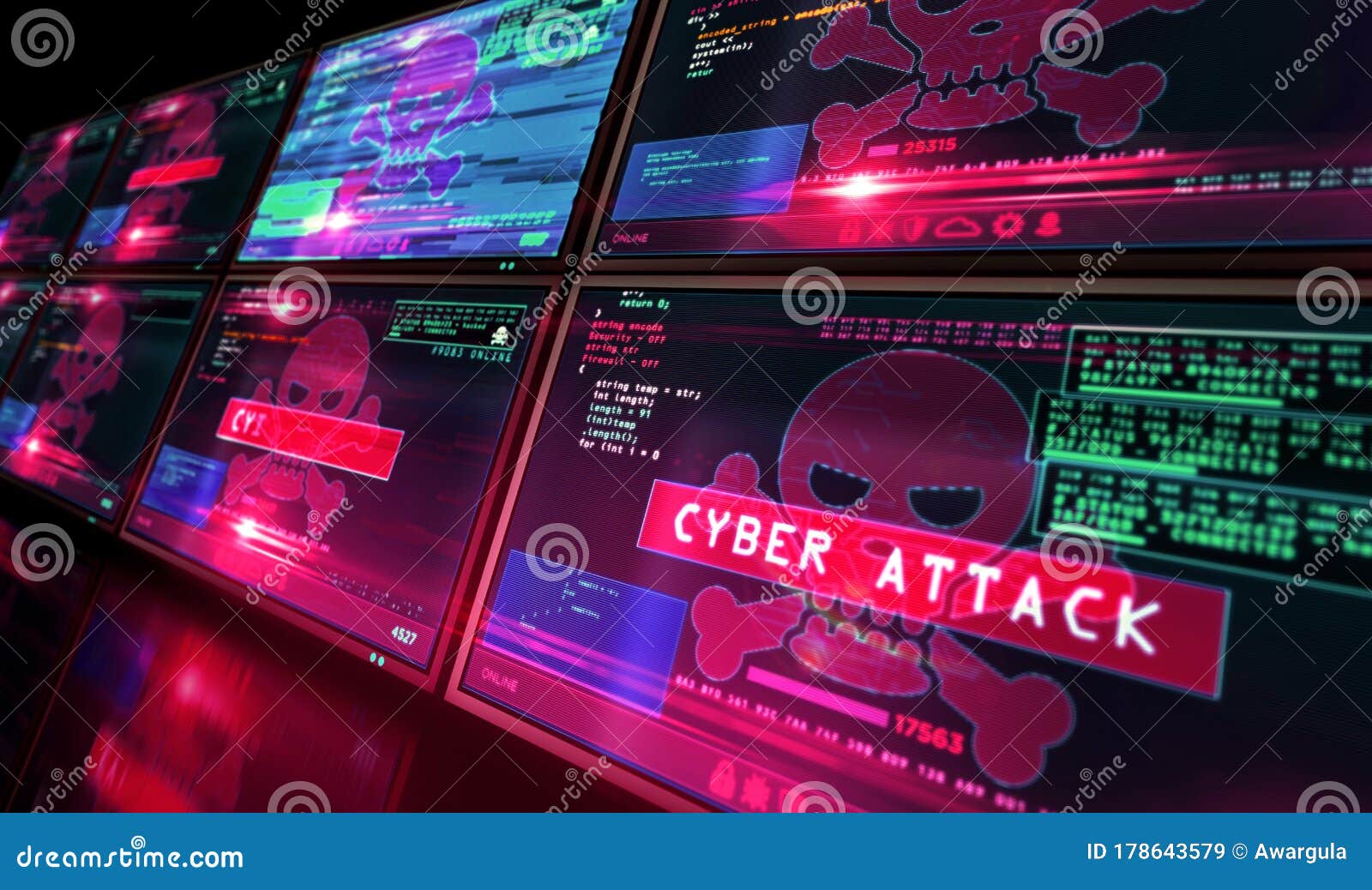 Cyber Attack with Skull Symbol Alert on Screen Stock Illustration ...