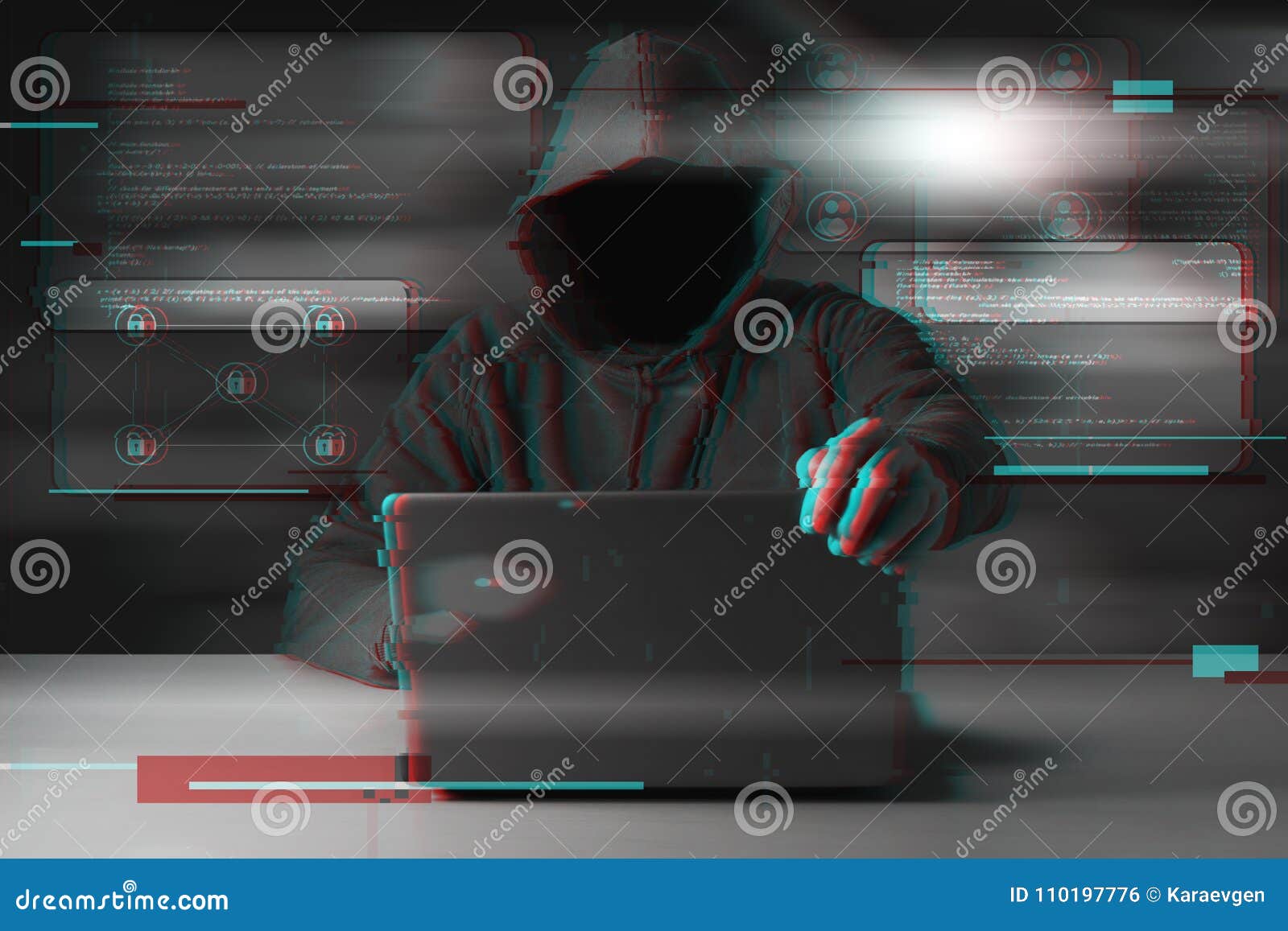 Cyber Attack with Unrecognizable Hooded Hacker Stock Photo - Image of ...