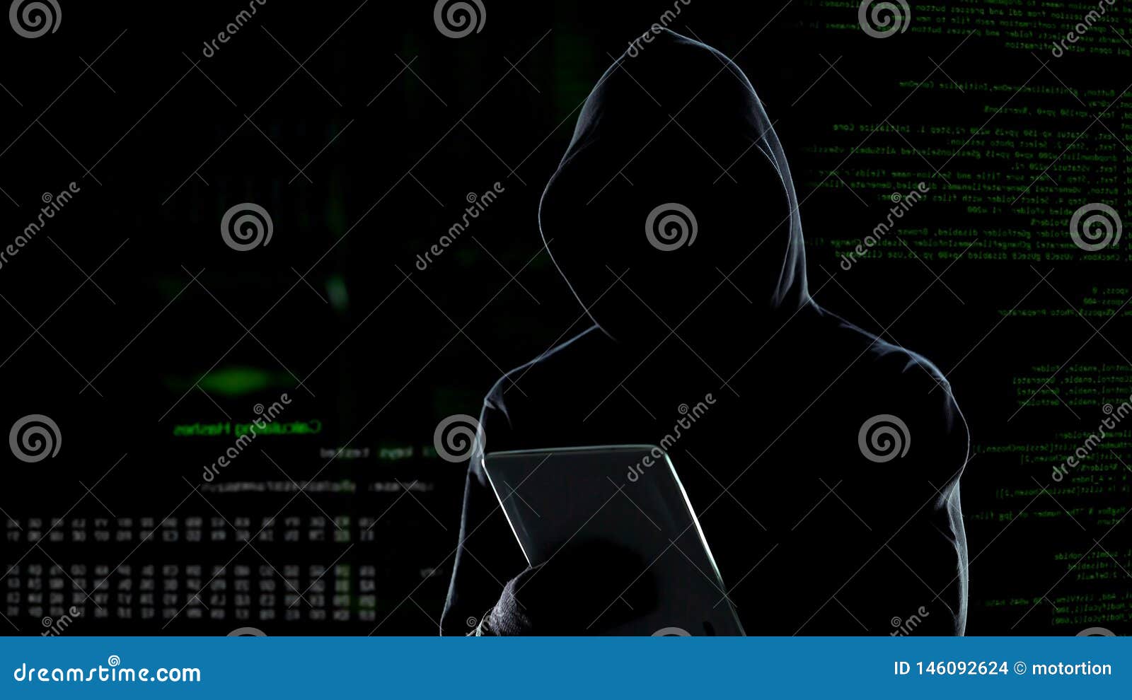 Cyber Attack with Unrecognizable Hooded Hacker Using Tablet Computer ...