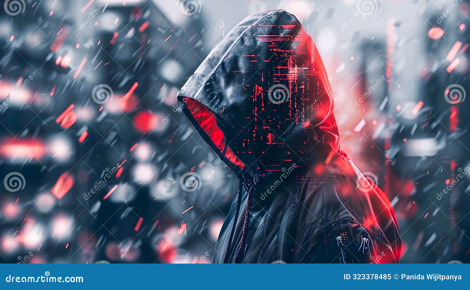 Cyber Attacker Hooded Figure Standing in a Dark Moody Digital Landscape ...