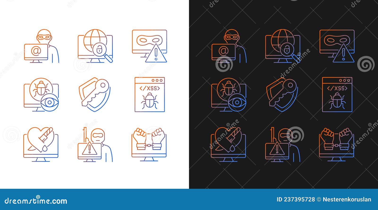 Cyber Attacks Types Gradient Icons Set for Dark and Light Mode Stock ...