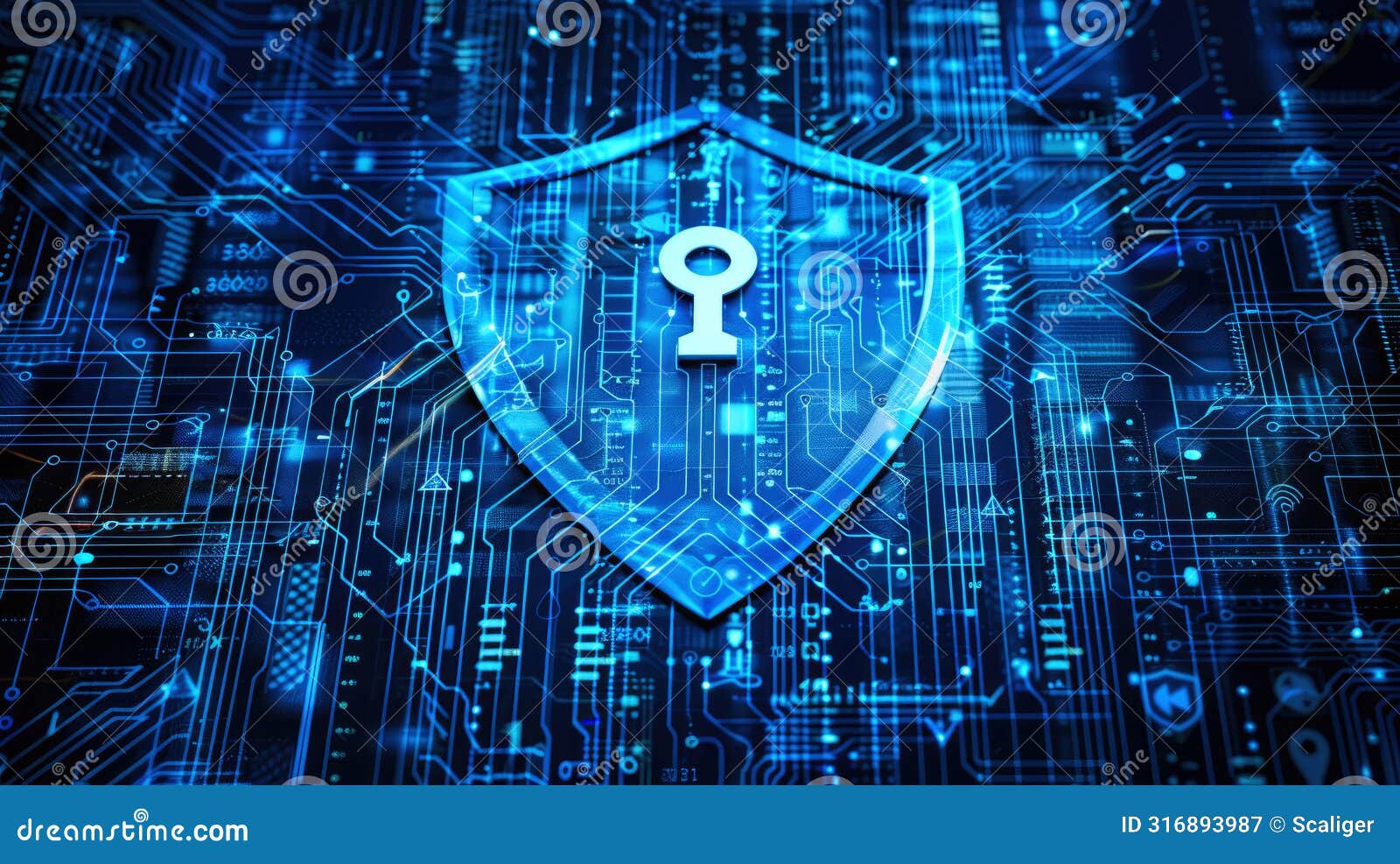 Cyber Blue Shield and Key on Abstract Dark Data Background, Digital ...