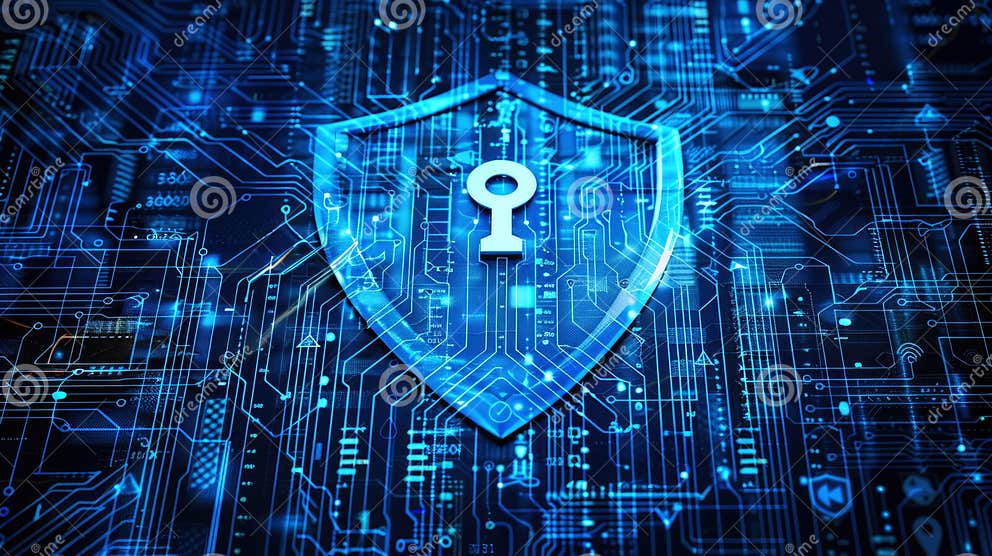 Cyber Blue Shield and Key on Abstract Dark Data Background, Digital ...