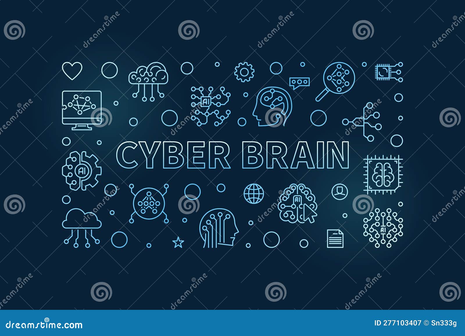 Cyber Brain Concept Vector Horizontal Outline Blue Banner Stock Vector ...
