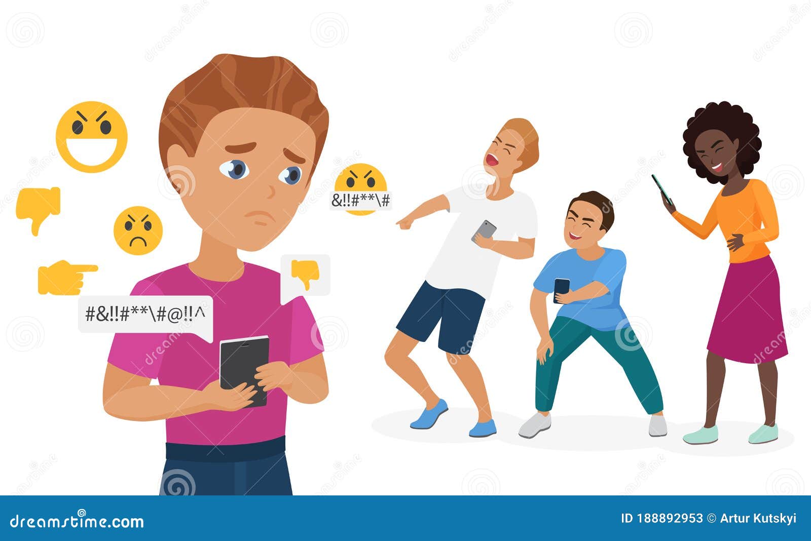 Cyber Bullying People Vector Illustration Cartoon Flat Sad Bullied
