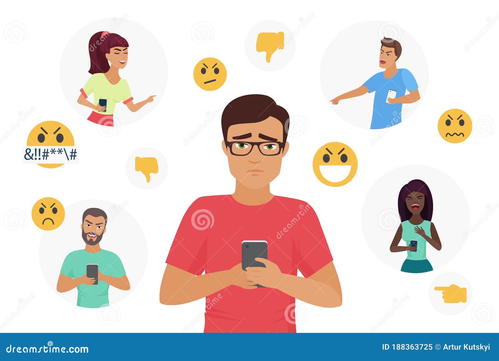 Cyber Bullying People Vector Illustration Cartoon Flat Young Sad Man