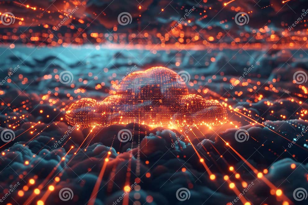 Cyber Cloud Infrastructure Glowing Against a Backdrop of Virtual Data Streams Stock Illustration ...