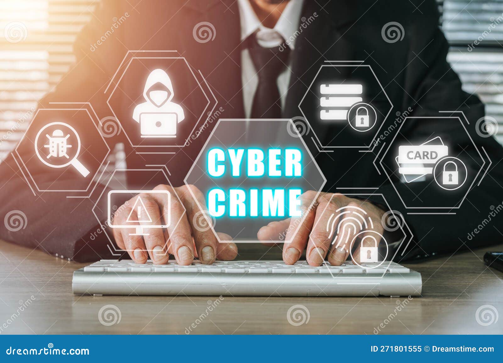 Person Hand Typing Keyboard Computer with Cyber Crime Icon on Virtual ...