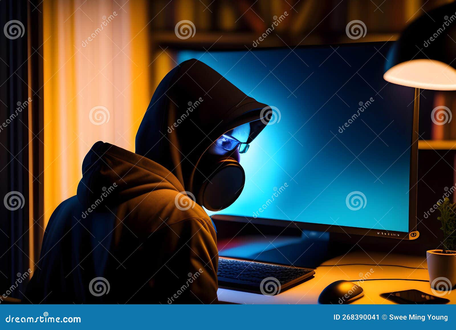 The Cyber Crime Hacker on the Computer System in the Dark Room. Stock ...