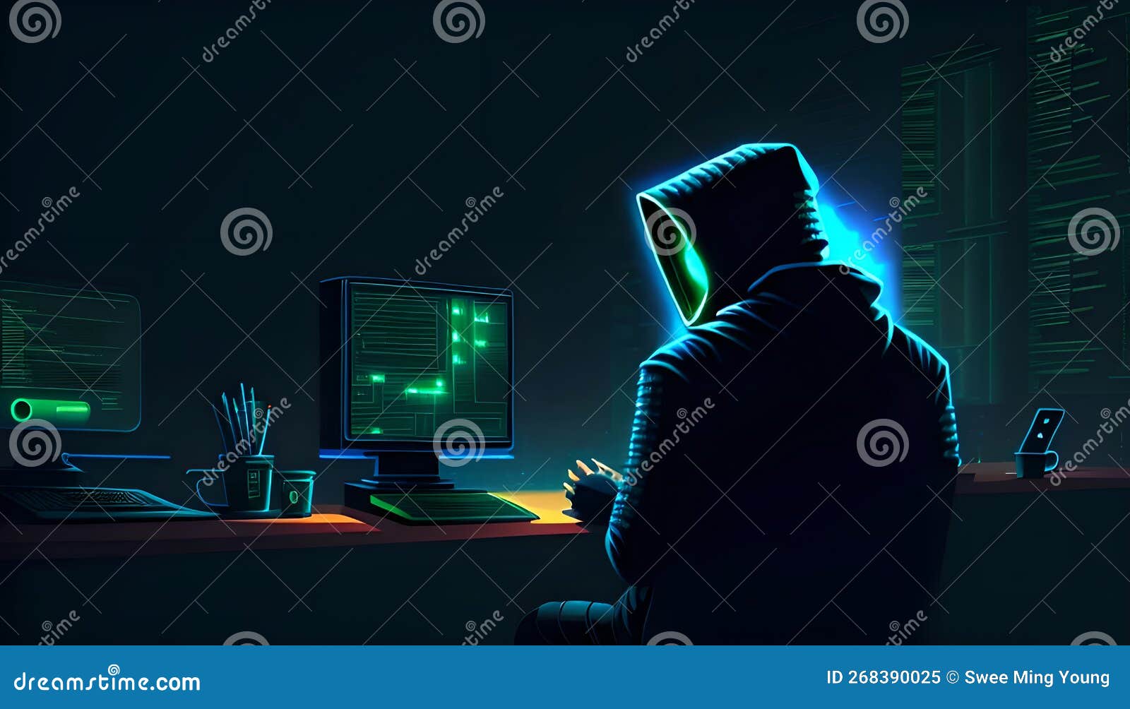 The Cyber Crime Hacker on the Computer System in the Dark Room. Stock ...