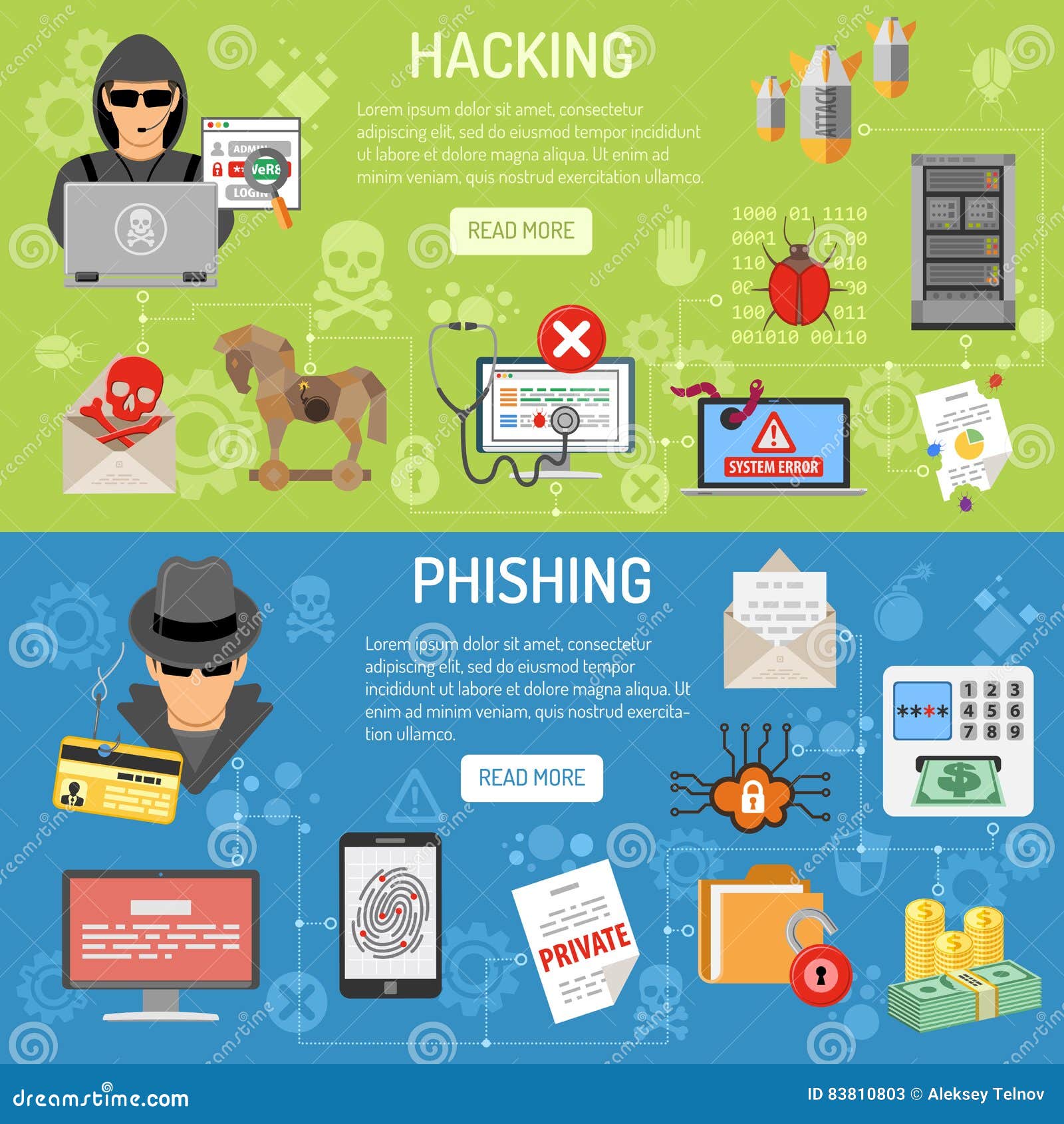 Cyber Crime Hacking And Phishing Banners Stock Vector Illustration Of