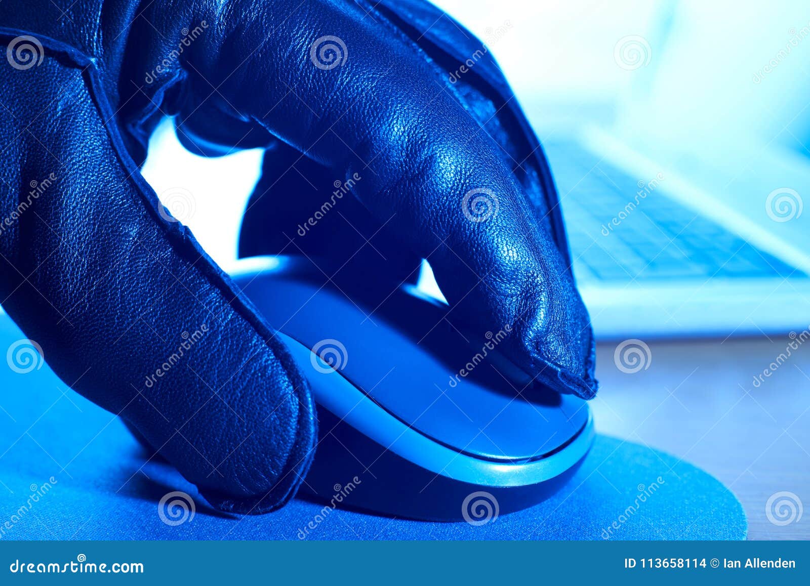 Close Up of Cyber Criminal in Gloved Hand Using Computer Mouse Stock ...